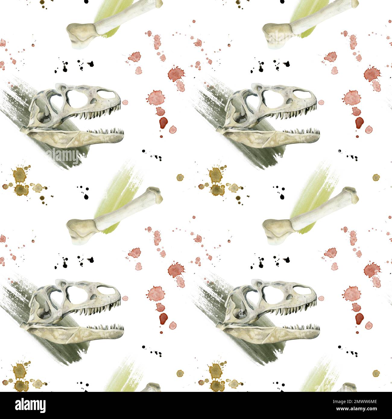 Dinosaur bones seamless pattern with abstract splashes and skull on ...