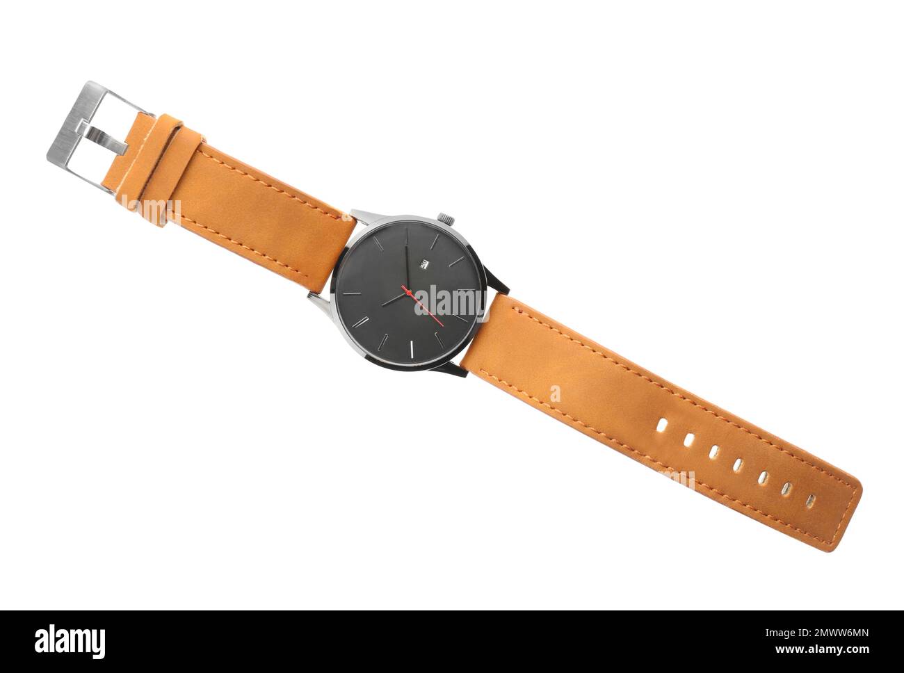 Elegant wristwatch isolated on white, top view Stock Photo - Alamy