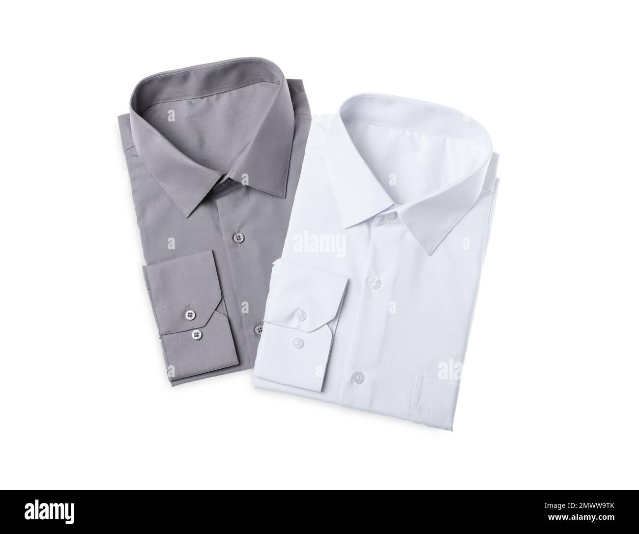 Stylish shirts isolated on white, top view. Dry-cleaning service Stock ...