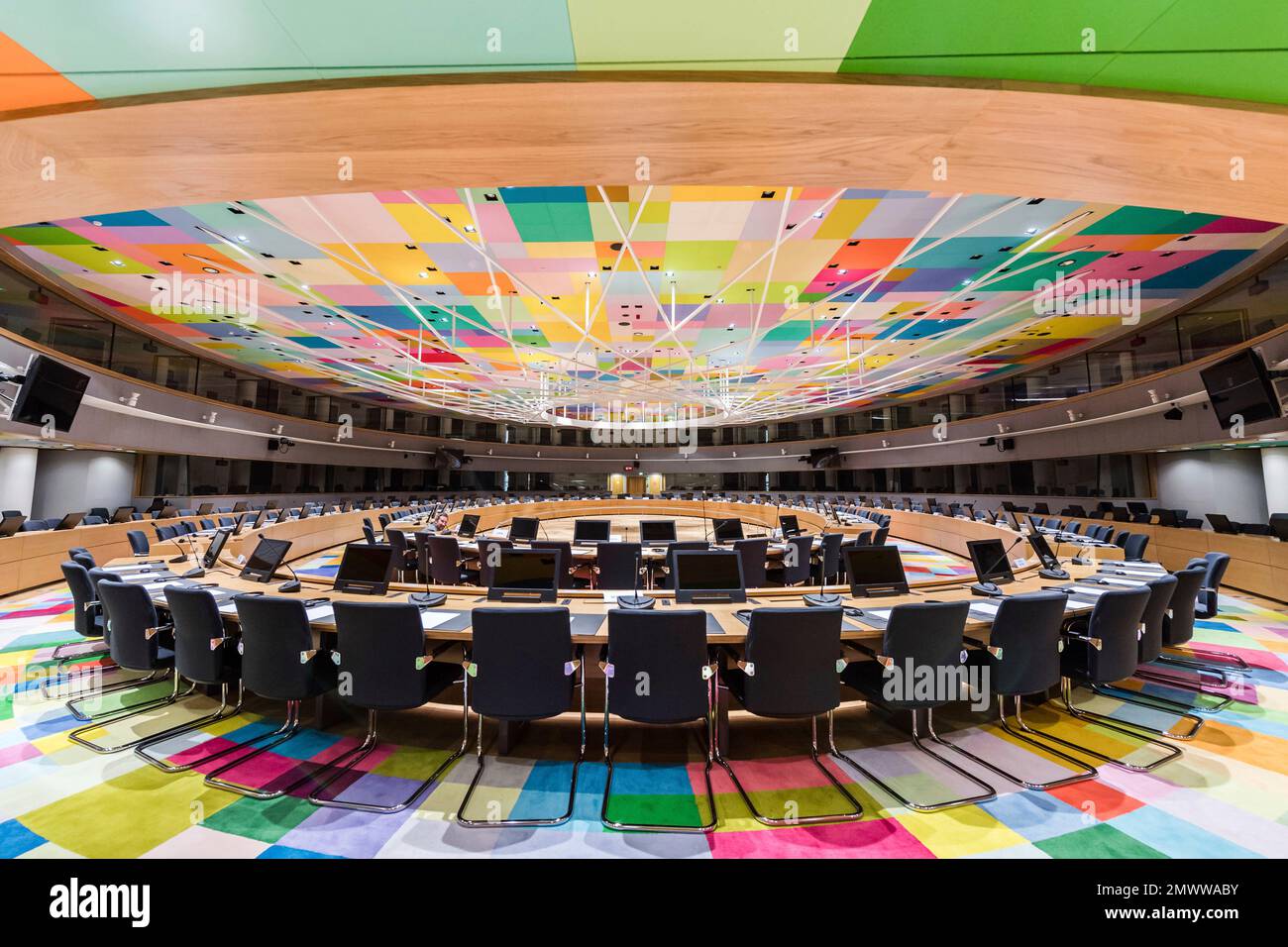 Colorful carpets decorate a meeting room at the Europa building in ...