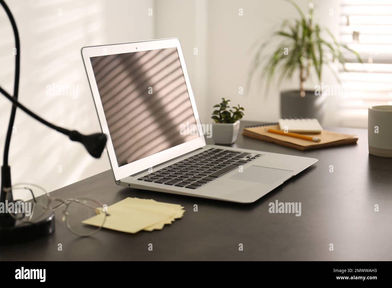 Modern laptop on office table. Stylish workplace Stock Photo - Alamy