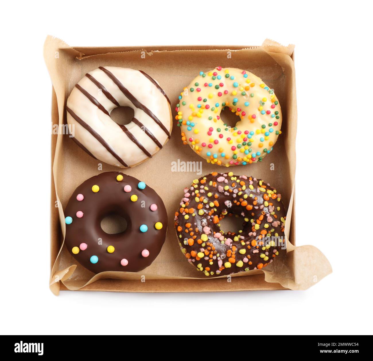 Tasty glazed donuts in cardboard box isolated on white, top view Stock ...