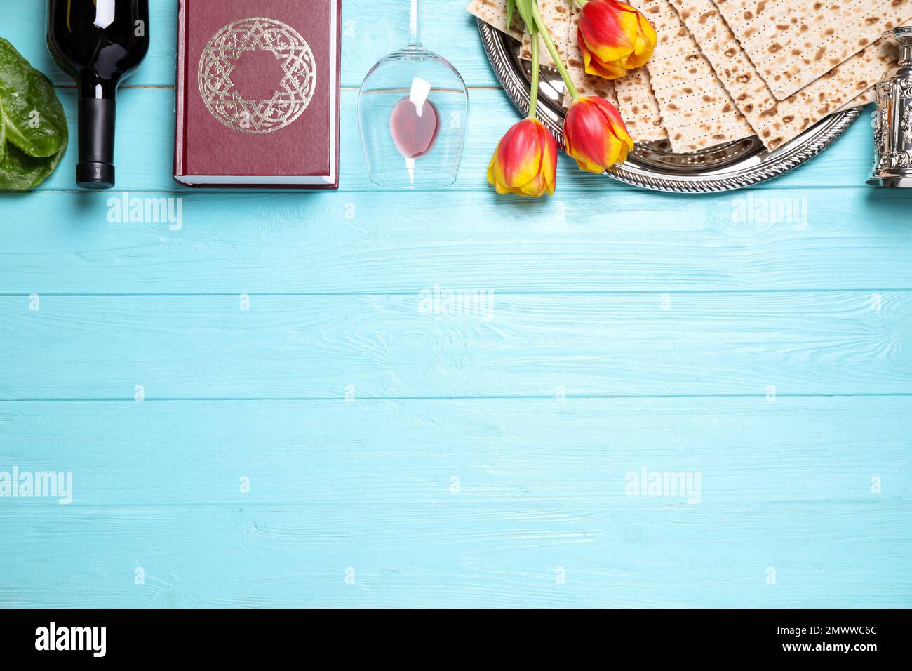 Flat lay composition with symbolic Pesach (Passover Seder) items on ...