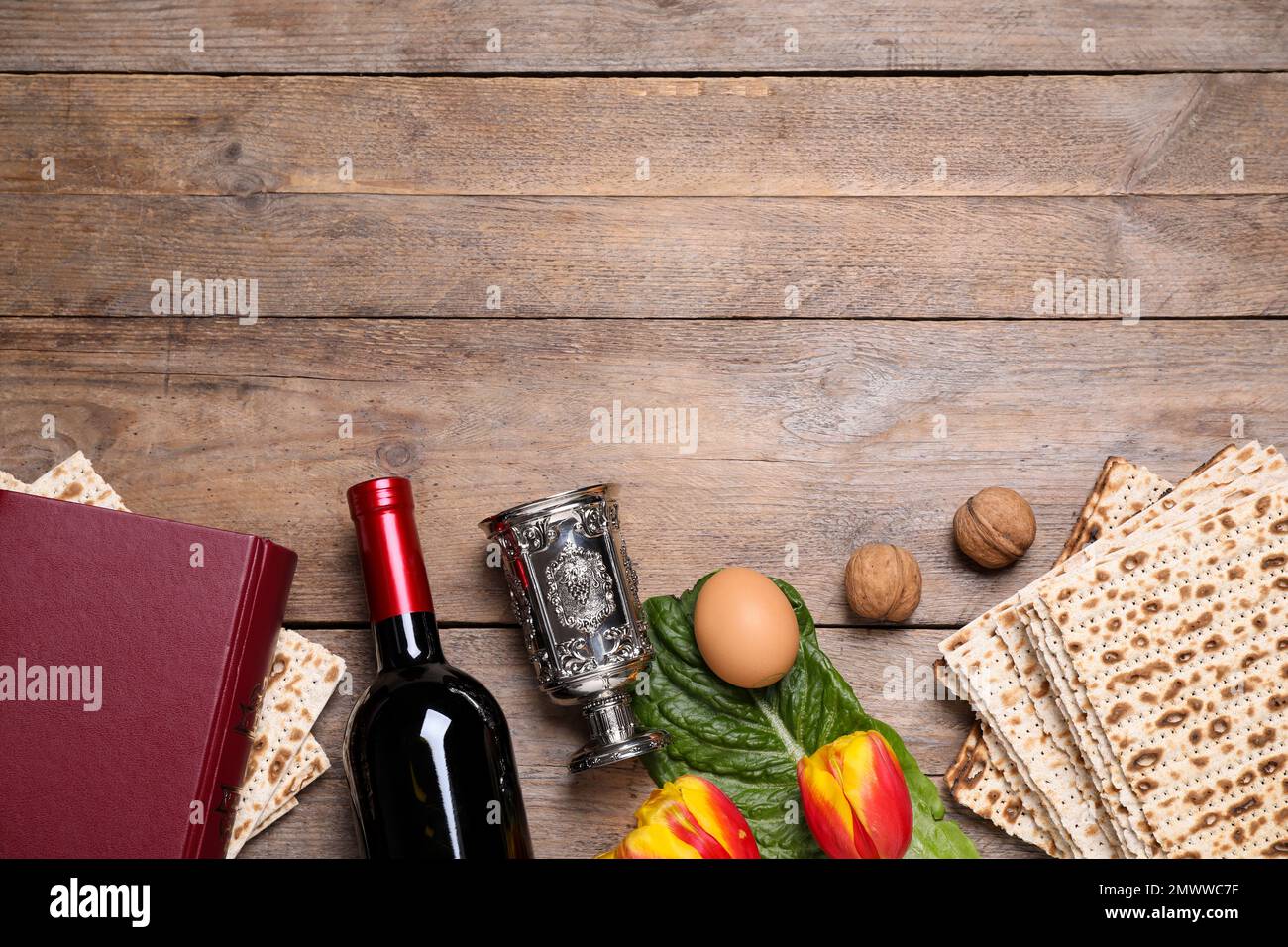 Flat lay composition with symbolic Pesach (Passover Seder) items on ...