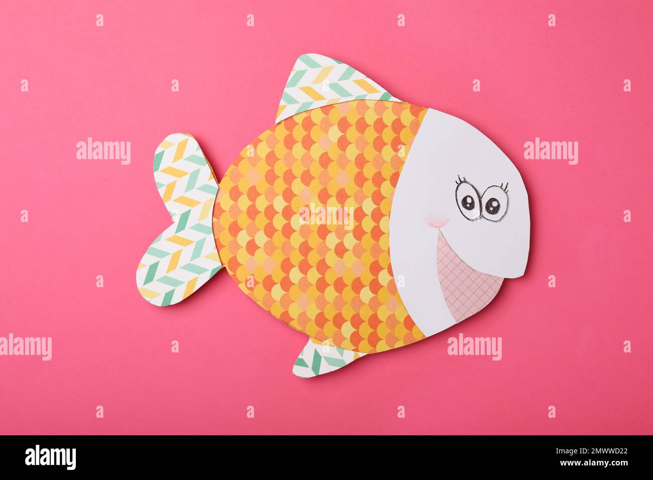 Funny paper fish on pink background, top view. April Fool's Day Stock ...