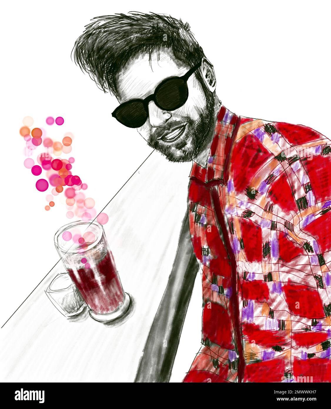 A smiling happy man with a beard is sitting in a café with a cup of ...