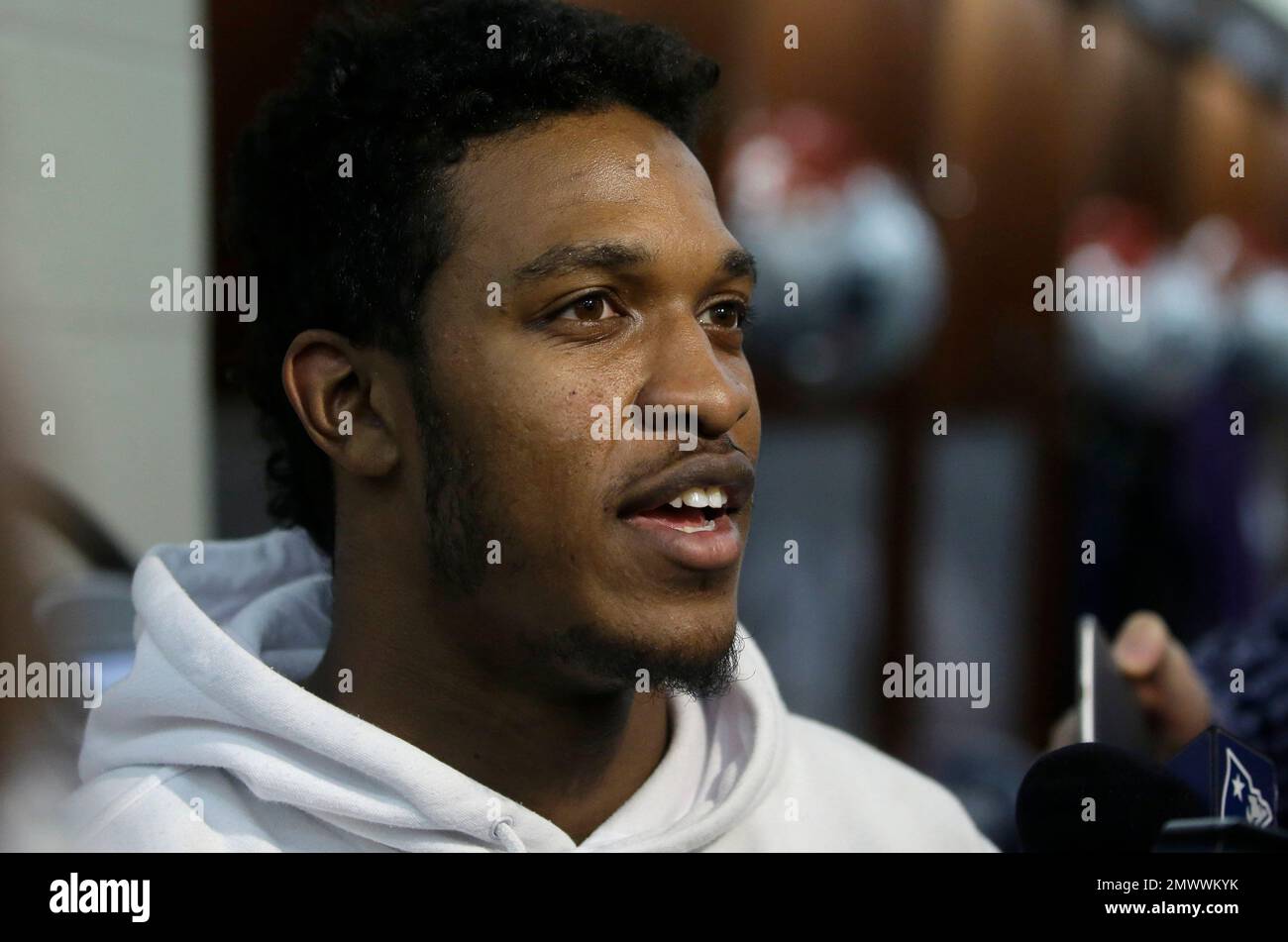 New England Patriots cornerback Eric Rowe speaks with reporters in the ...