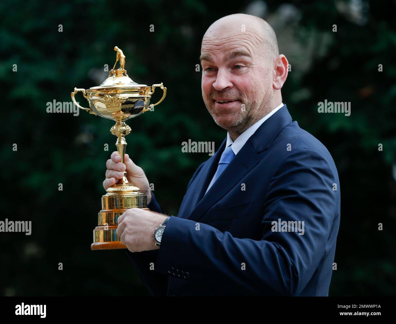 The newly appointed 2018 Europe Ryder Cup captain Thomas Bjorn holds ...