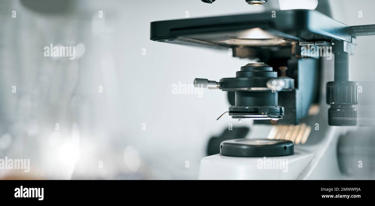 Microscope, science and banner on mockup space, empty background or ...