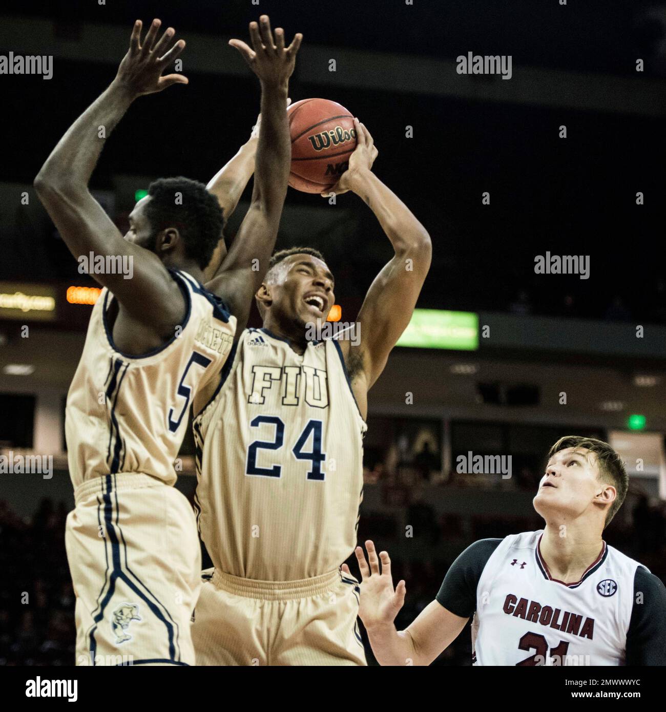 Florida International forward Cameron Smith (24) grabs a rebound over ...