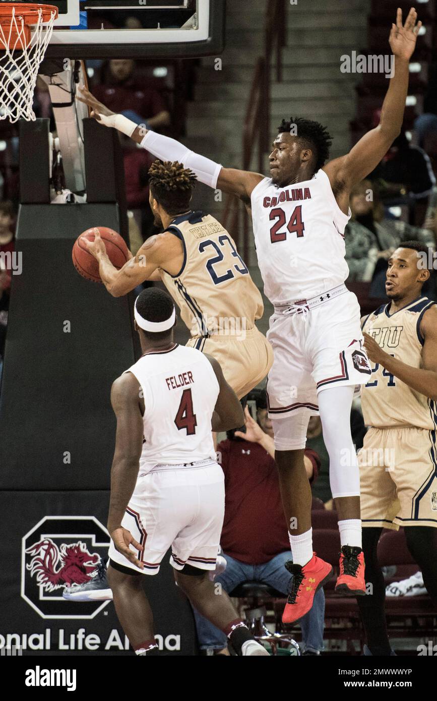 South Carolina forward Sedee Keita (24) challenges a shot by Florida ...