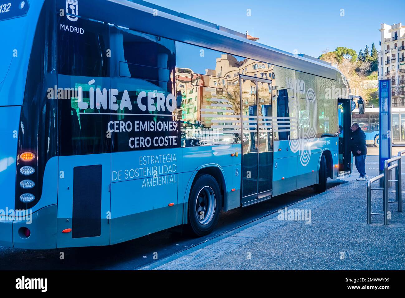 A view of EMT blue bus waiting at Atocha bus terminus, Madrid Spain ...