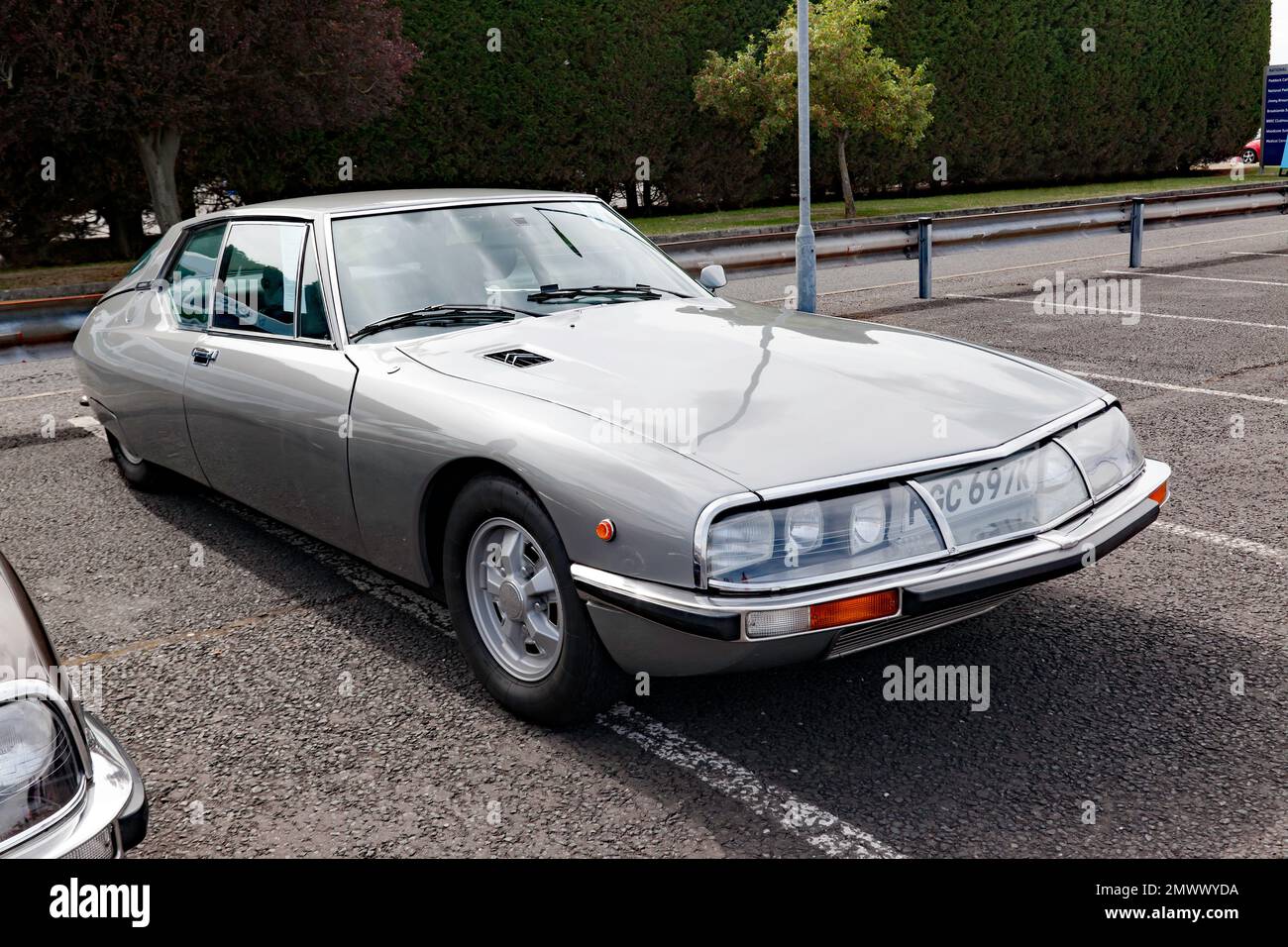 Three-quarters front view of a Silver, 1972, Citroen SM, on display at ...
