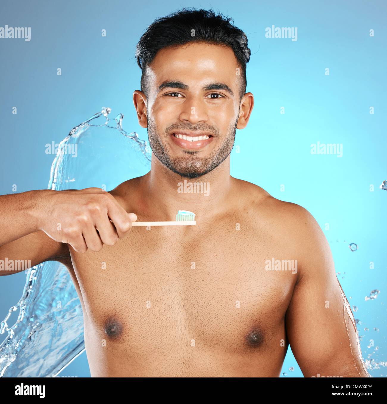 Portrait, water and man with toothbrush, toothpaste and dental hygiene ...