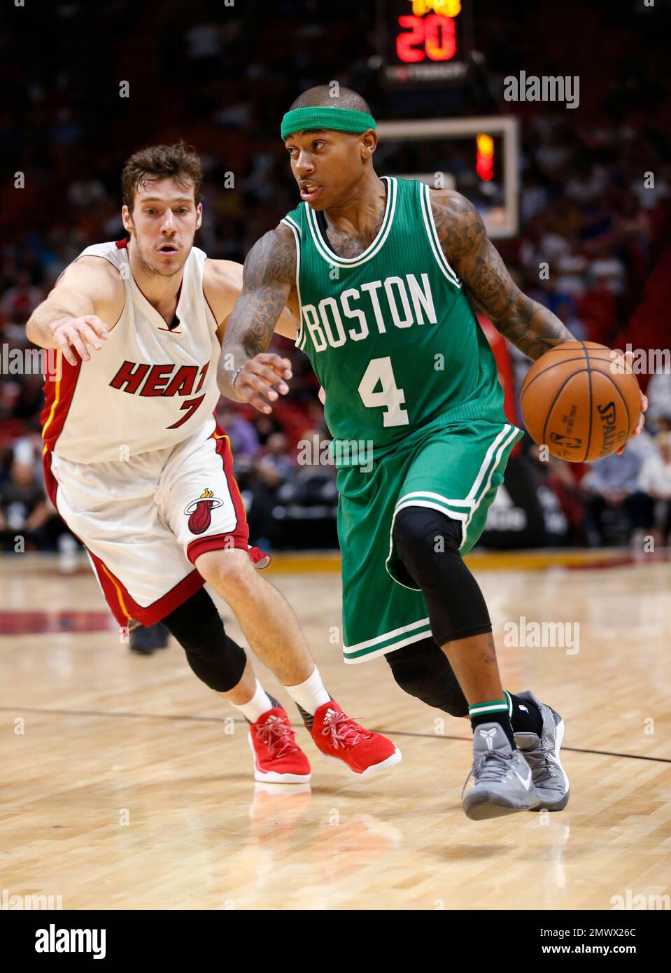 Boston Celtics guard Isaiah Thomas (4) drives past Miami Heat guard Goran Dragic during the ...