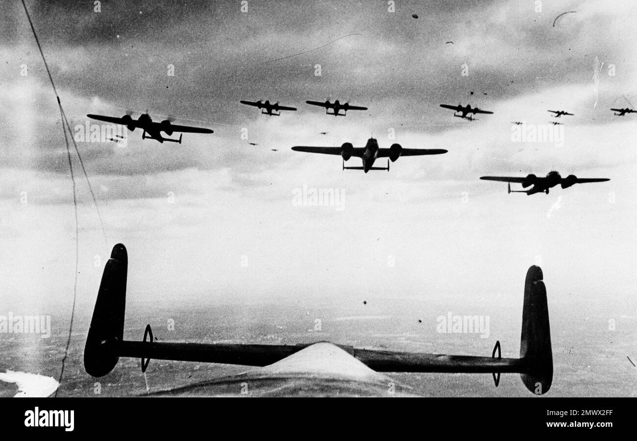 Twin-engine German fighters are shown from the vantage point of the ...