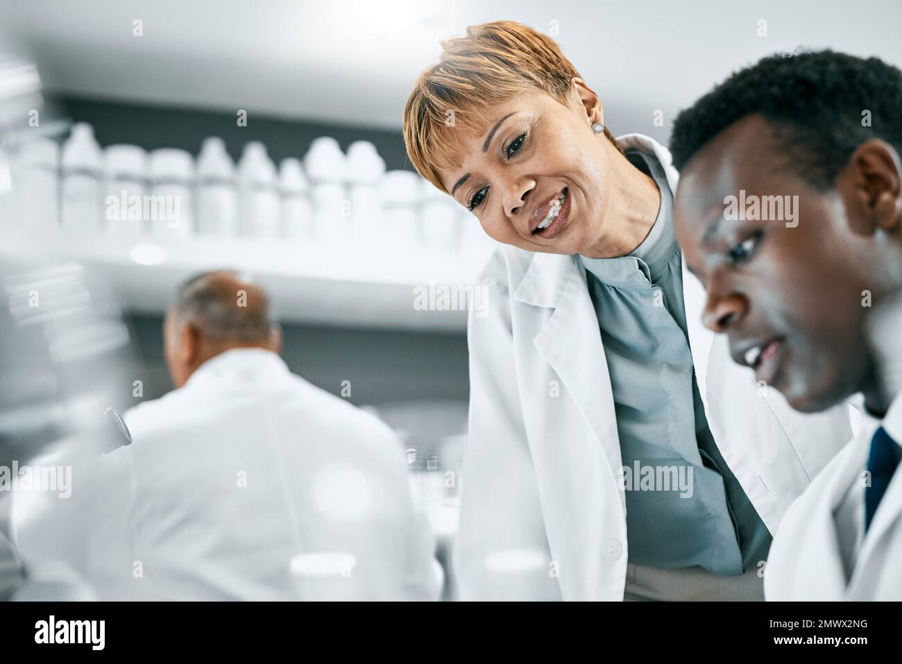 Doctor, collaboration or scientist people in science lab for DNA ...