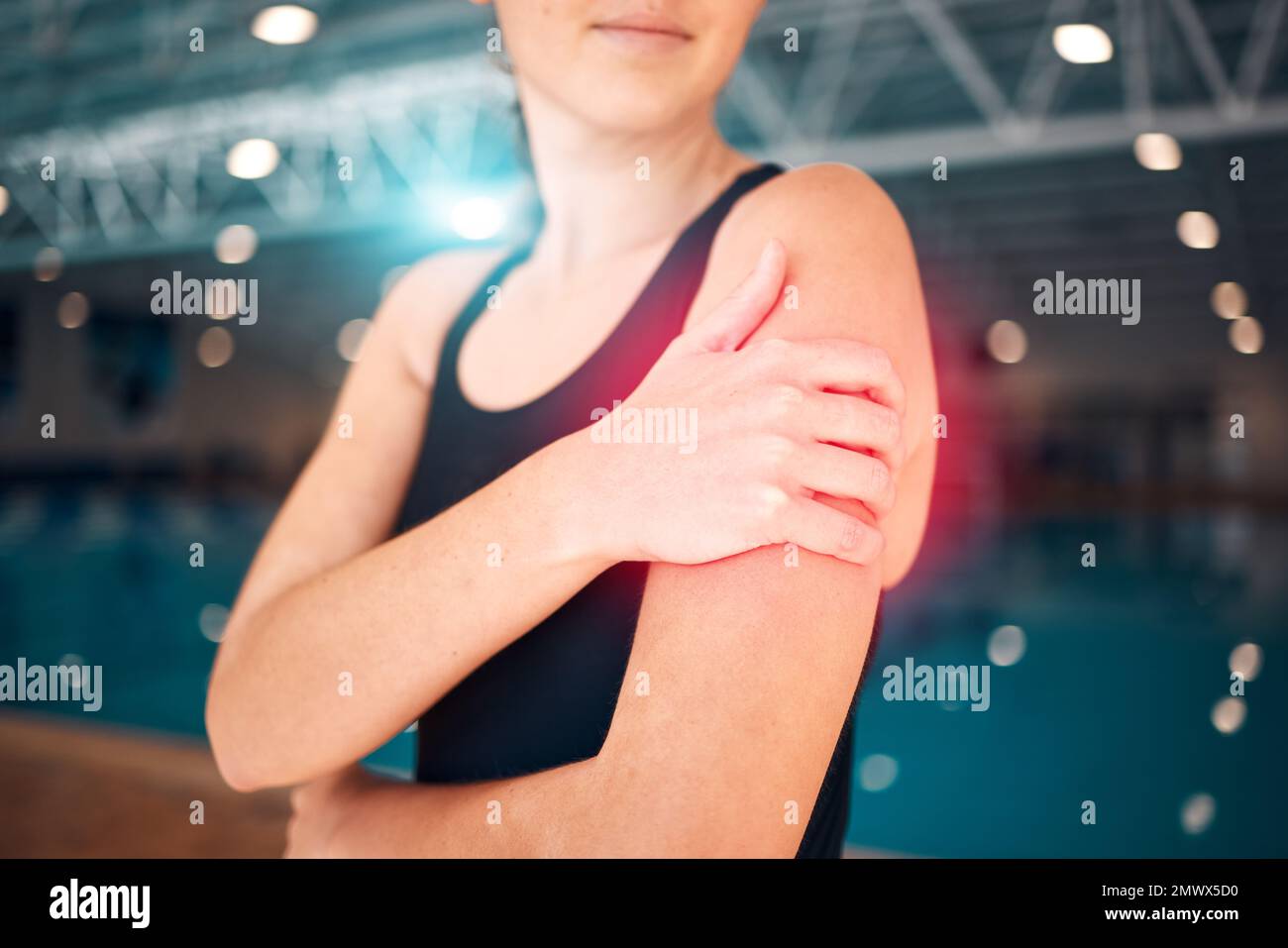 Fitness, woman and shoulder pain after training, workout and ...