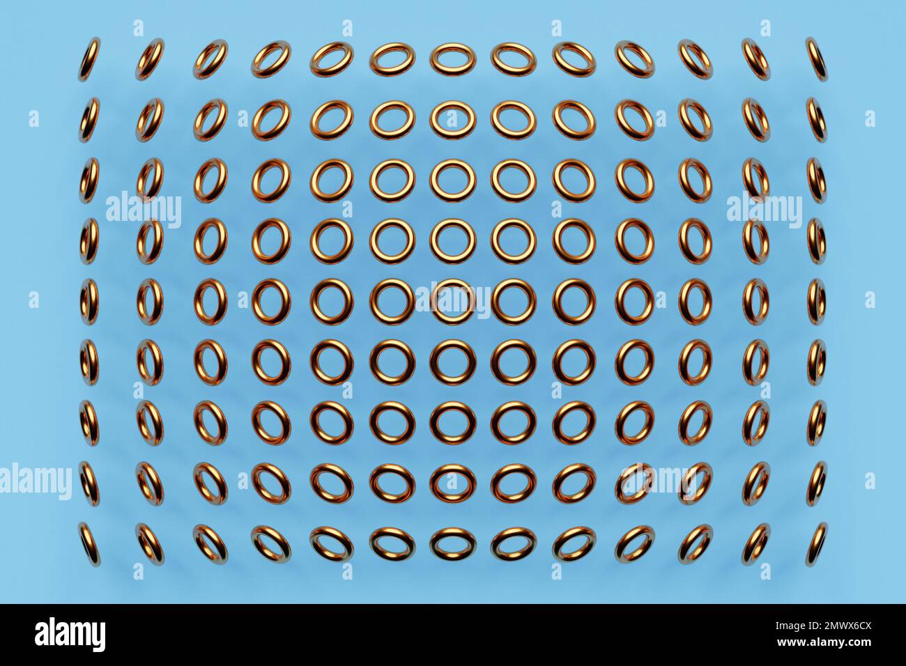 3d illustration of rows of gold torus .Set of toruses on monocrome ...