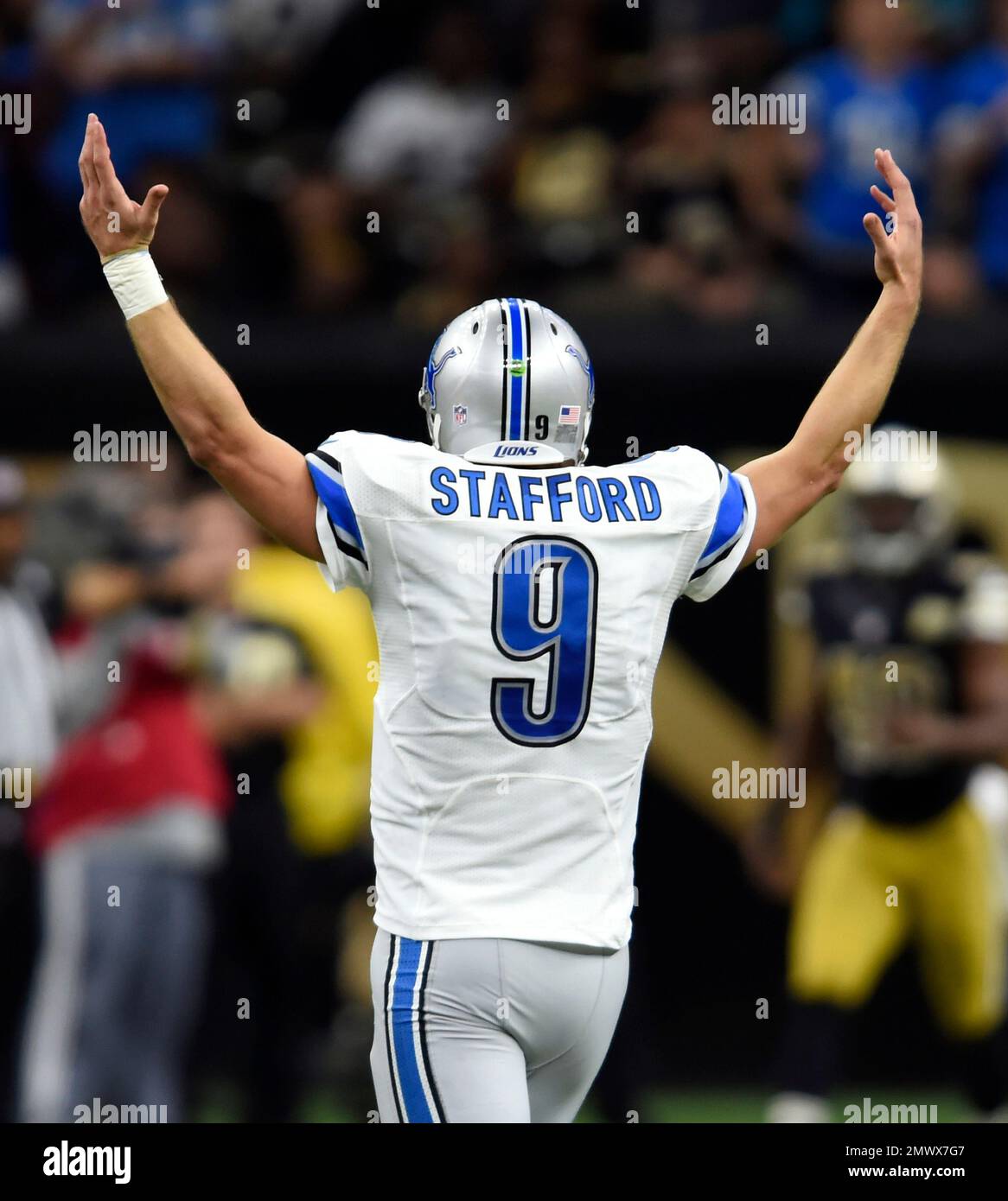 Detroit Lions quarterback Matthew Stafford (9) reacts in the second ...