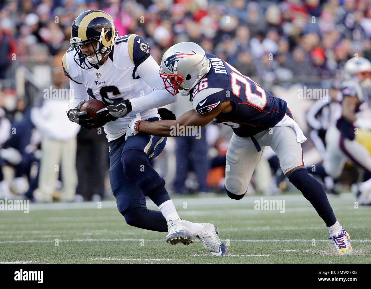 New England Patriots cornerback Logan Ryan (26) sacks Los Angeles Rams ...