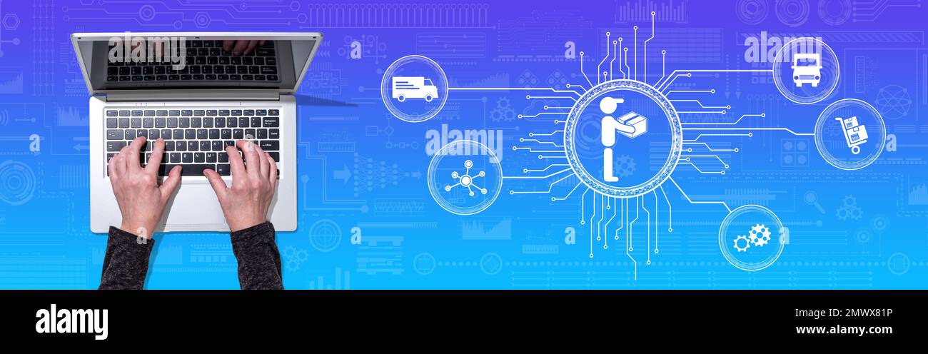 Top view of hands using laptop with symbol of delivery concept Stock ...