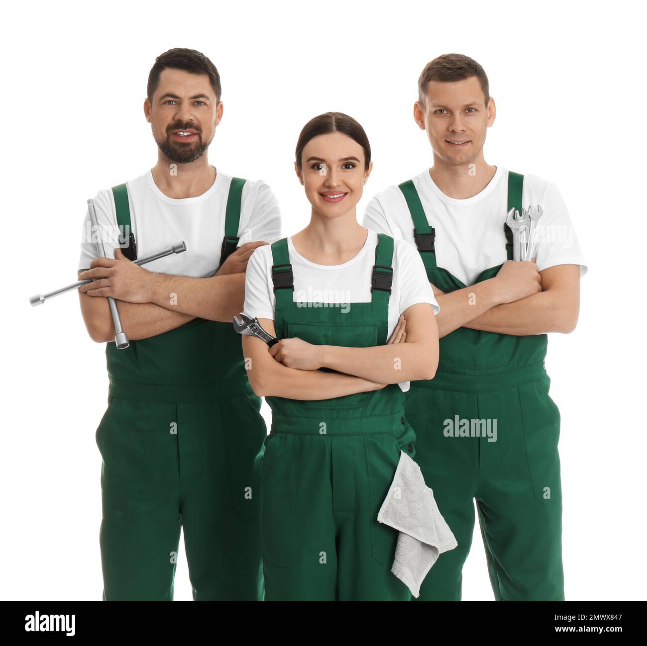 Portrait of professional auto mechanics on white background Stock Photo ...