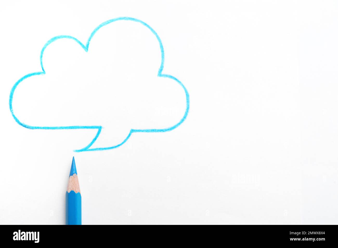 Drawing of cloud and light blue pencil on white background, top view ...
