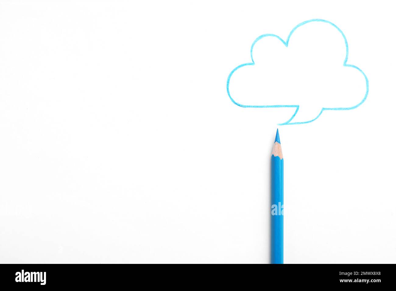 Drawing of cloud and light blue pencil on white background, top view ...