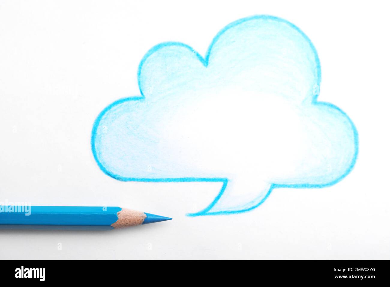 Drawing of cloud and light blue pencil on white background, top view ...