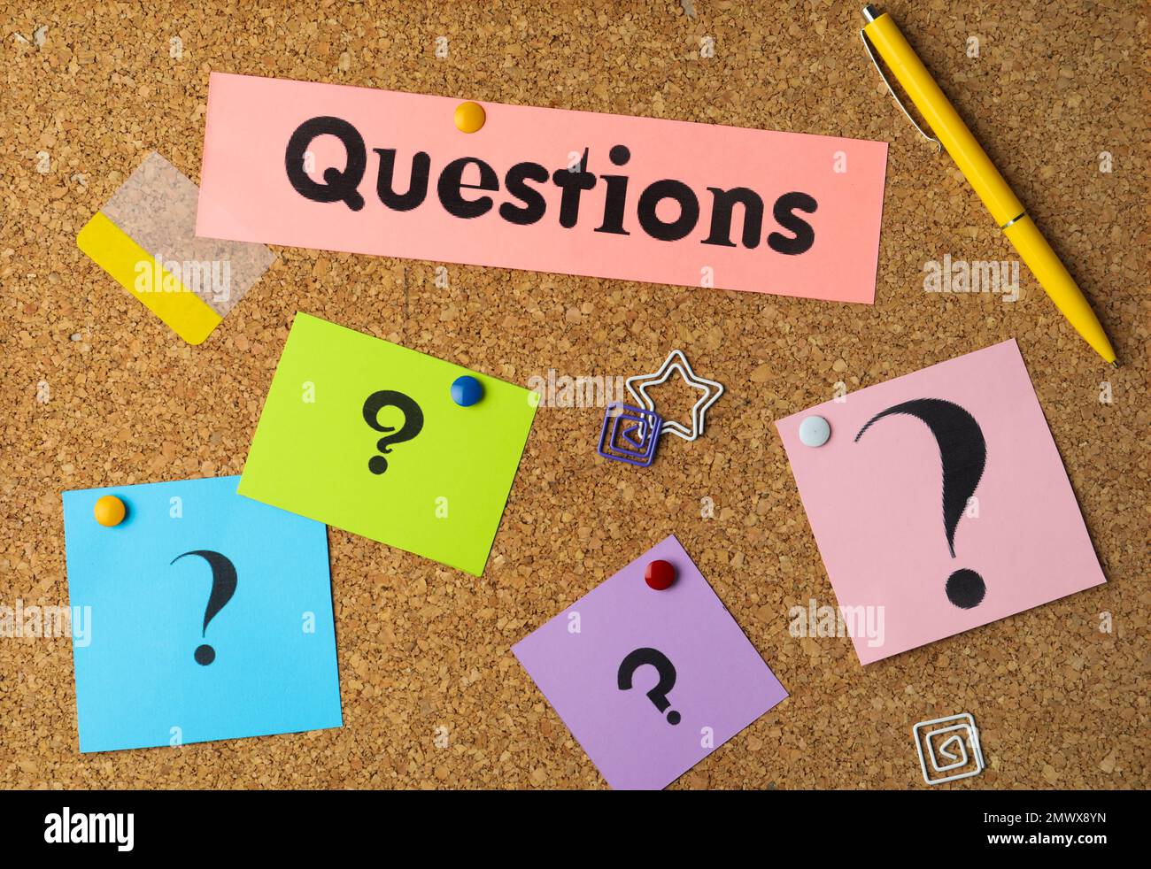 Word QUESTIONS and query marks on cork background, flat lay Stock Photo ...