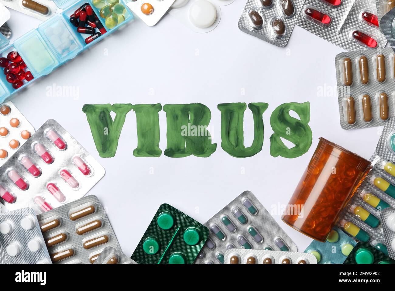 Word VIRUS and many different pills on white background, flat lay Stock ...