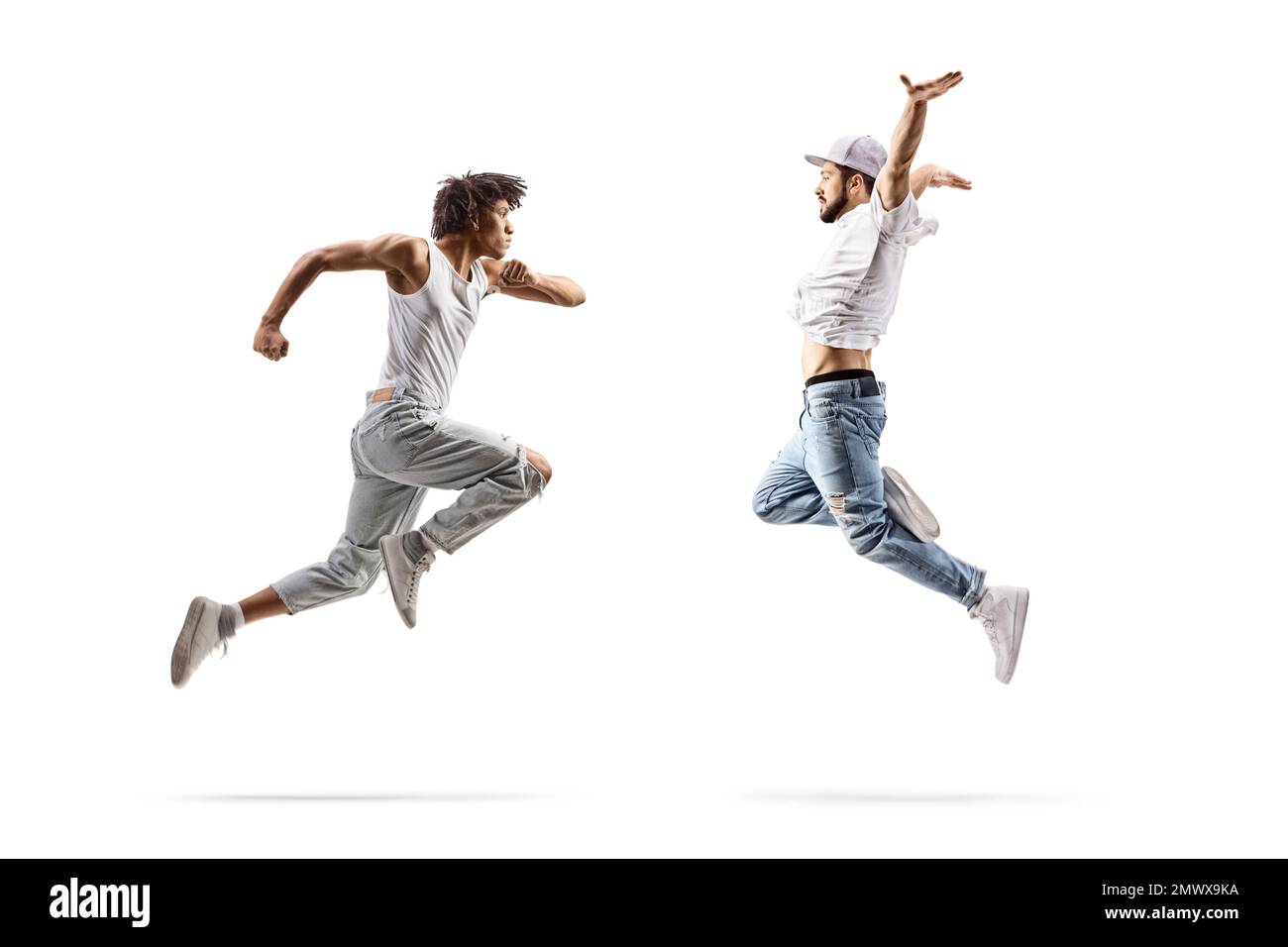 Full length profile shot of a caucasian and an african american male ...