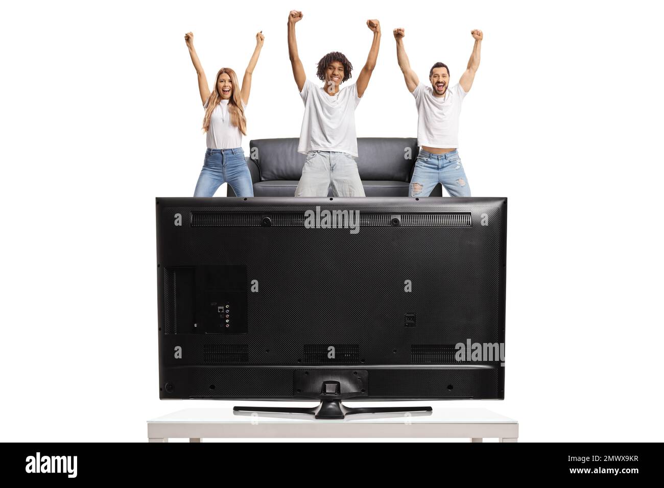Group of young people watching tv and cheering isolated on white ...