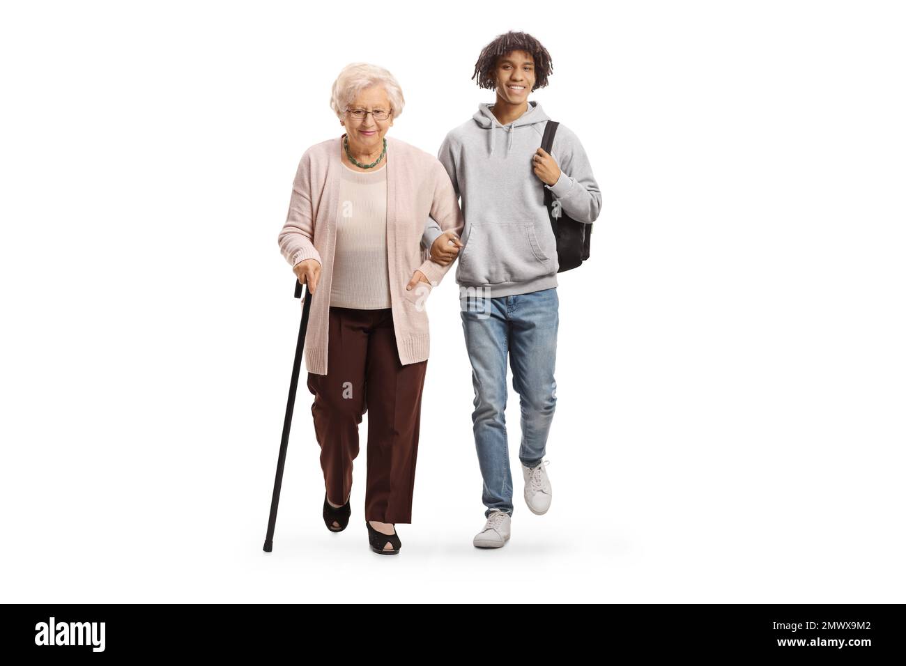 Full length portrait of an american african young man helping an ...