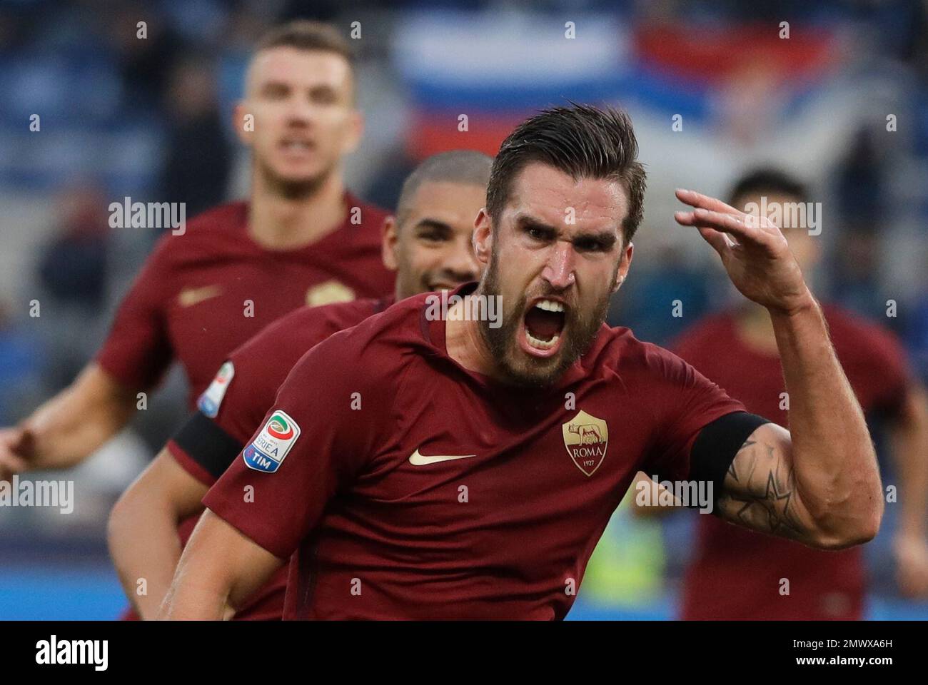 Roma's Kevin Strootman celebrates after scoring during a Serie A soccer ...