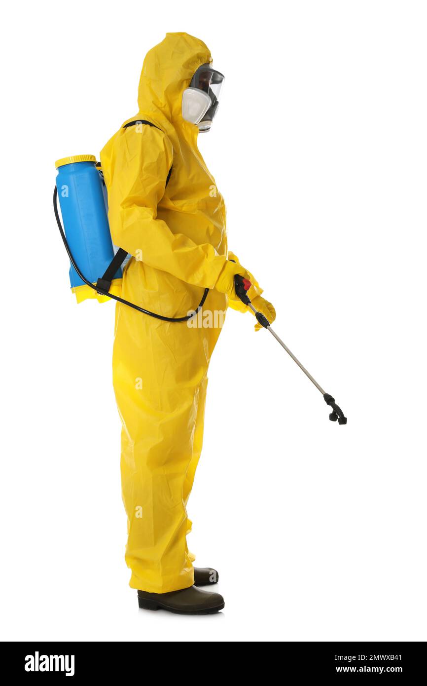 Man wearing protective suit with insecticide sprayer on white ...