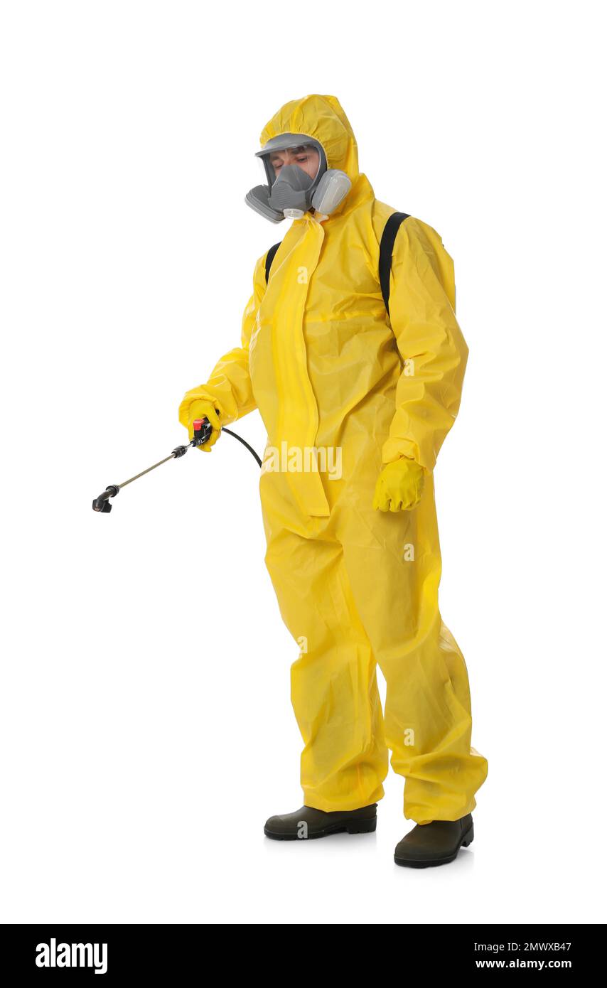 Man wearing protective suit with insecticide sprayer on white ...