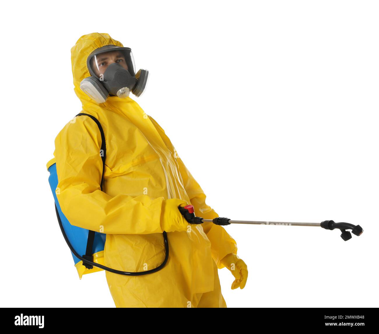 Man wearing protective suit with insecticide sprayer on white ...