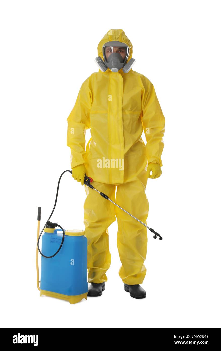 Man wearing protective suit with insecticide sprayer on white ...