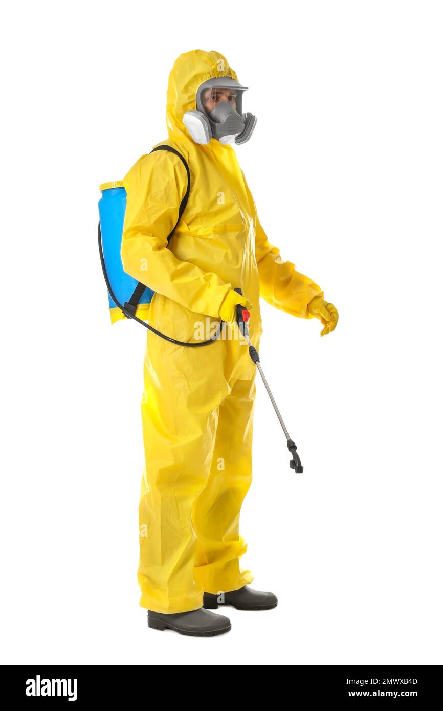 Man wearing protective suit with insecticide sprayer on white ...