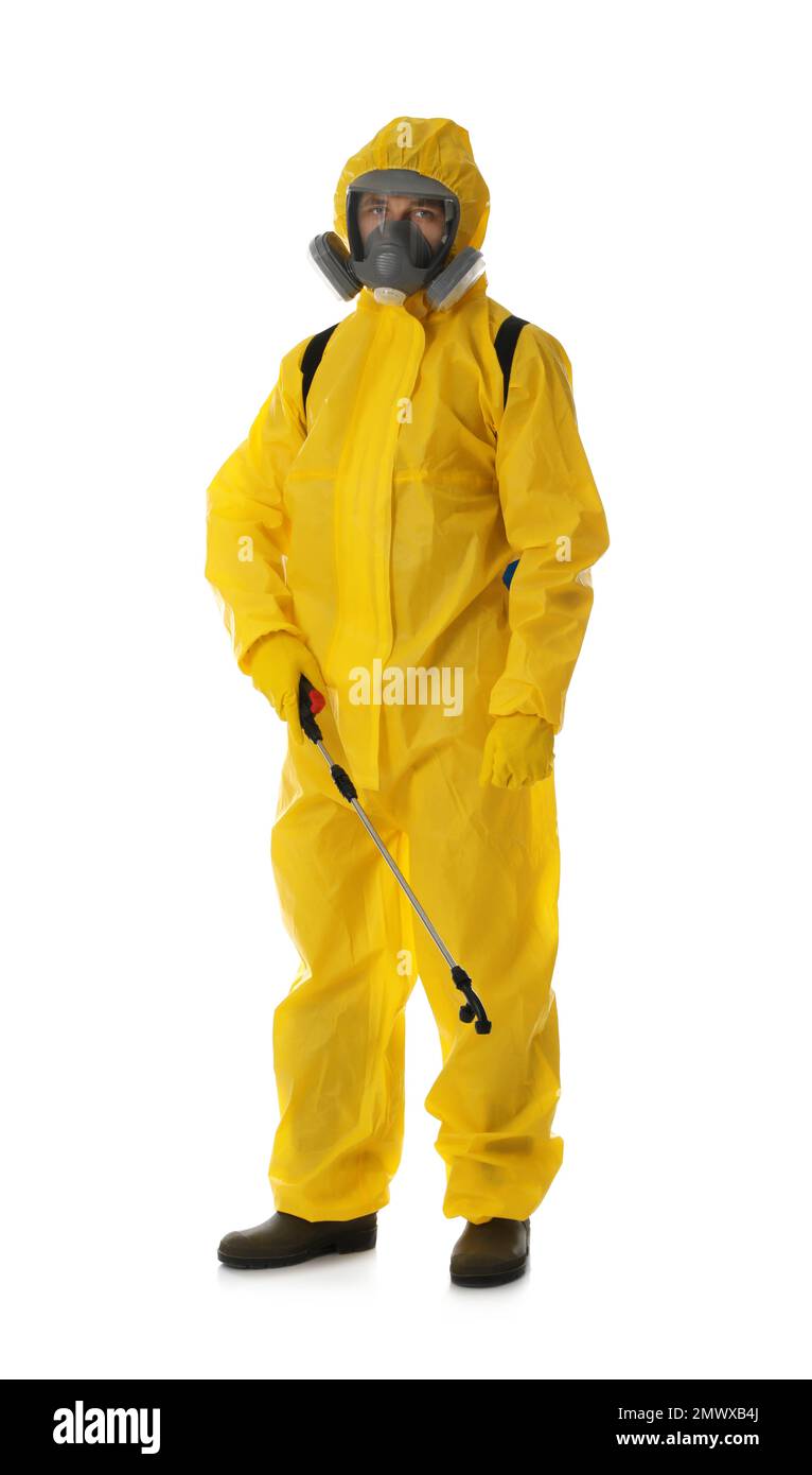Man wearing protective suit with insecticide sprayer on white ...