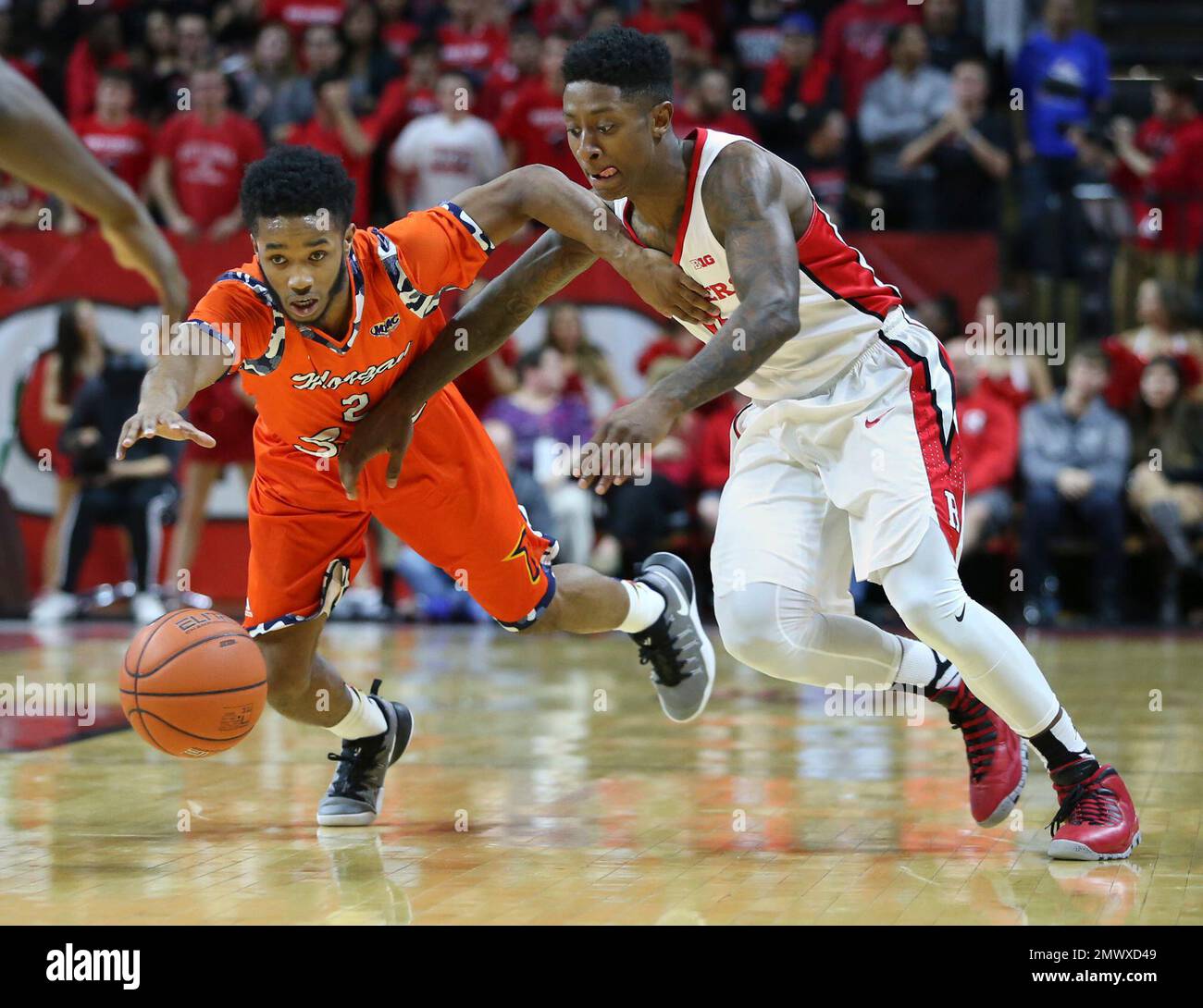 Morgan State guard Martez Cameron (2) chases the ball as Rutgers Nigel ...