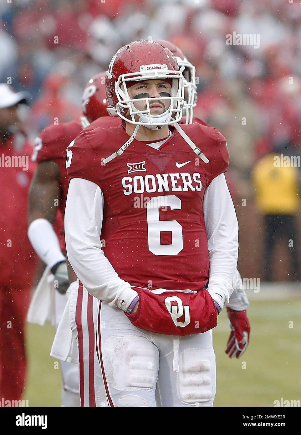 Oklahoma quarterback Baker Mayfield (6) during a timeout against Oklahoma State during the first ...