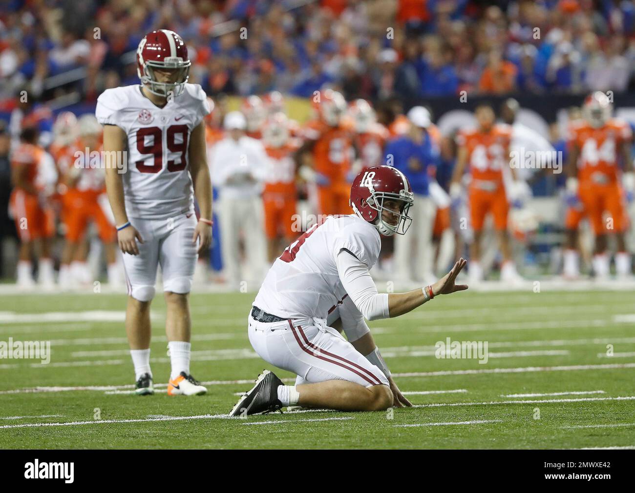 Alabama place kicker Adam Griffith (99) prepares to kick a field goal ...