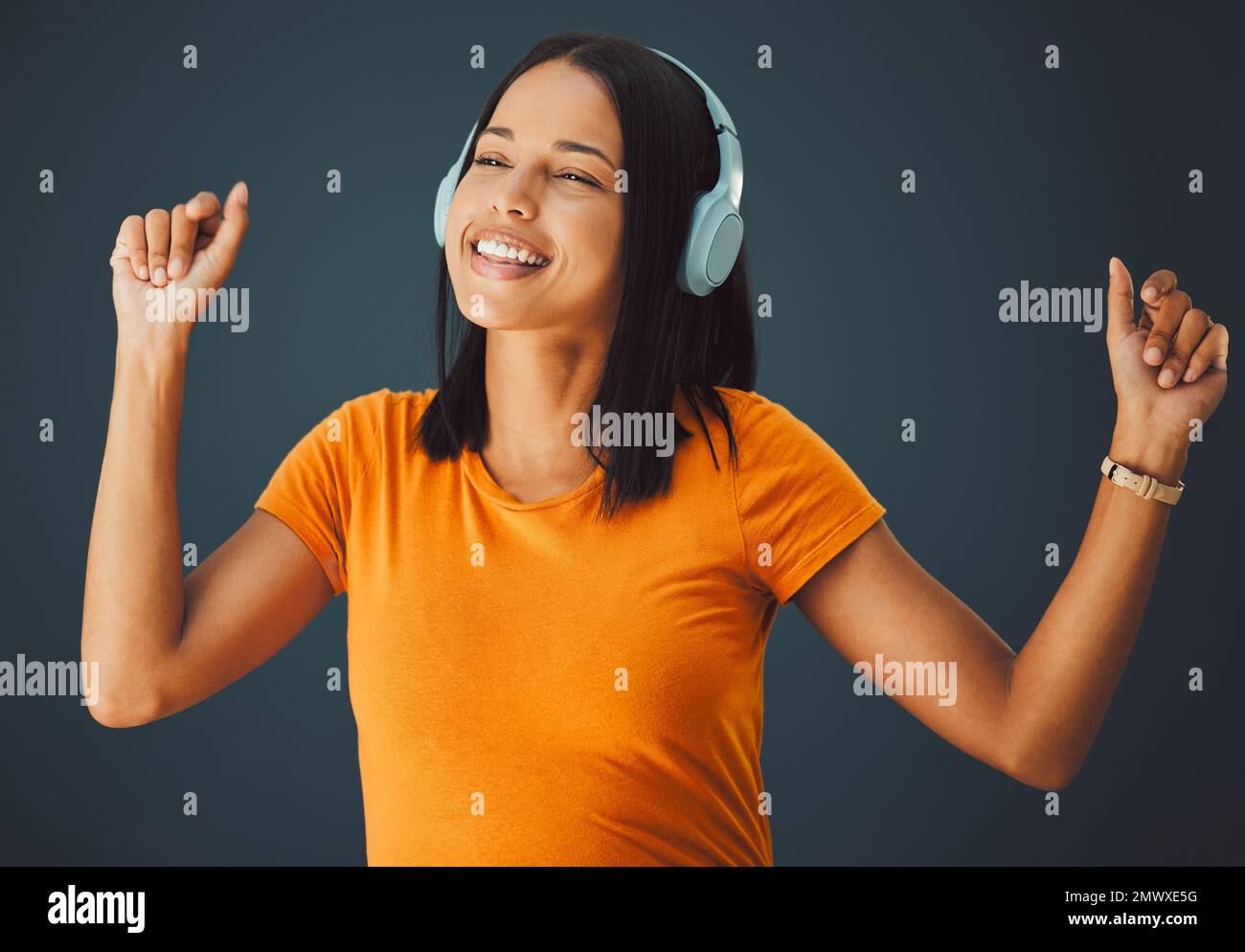 Dance, black woman or headphones for music, happiness or girl on dark ...