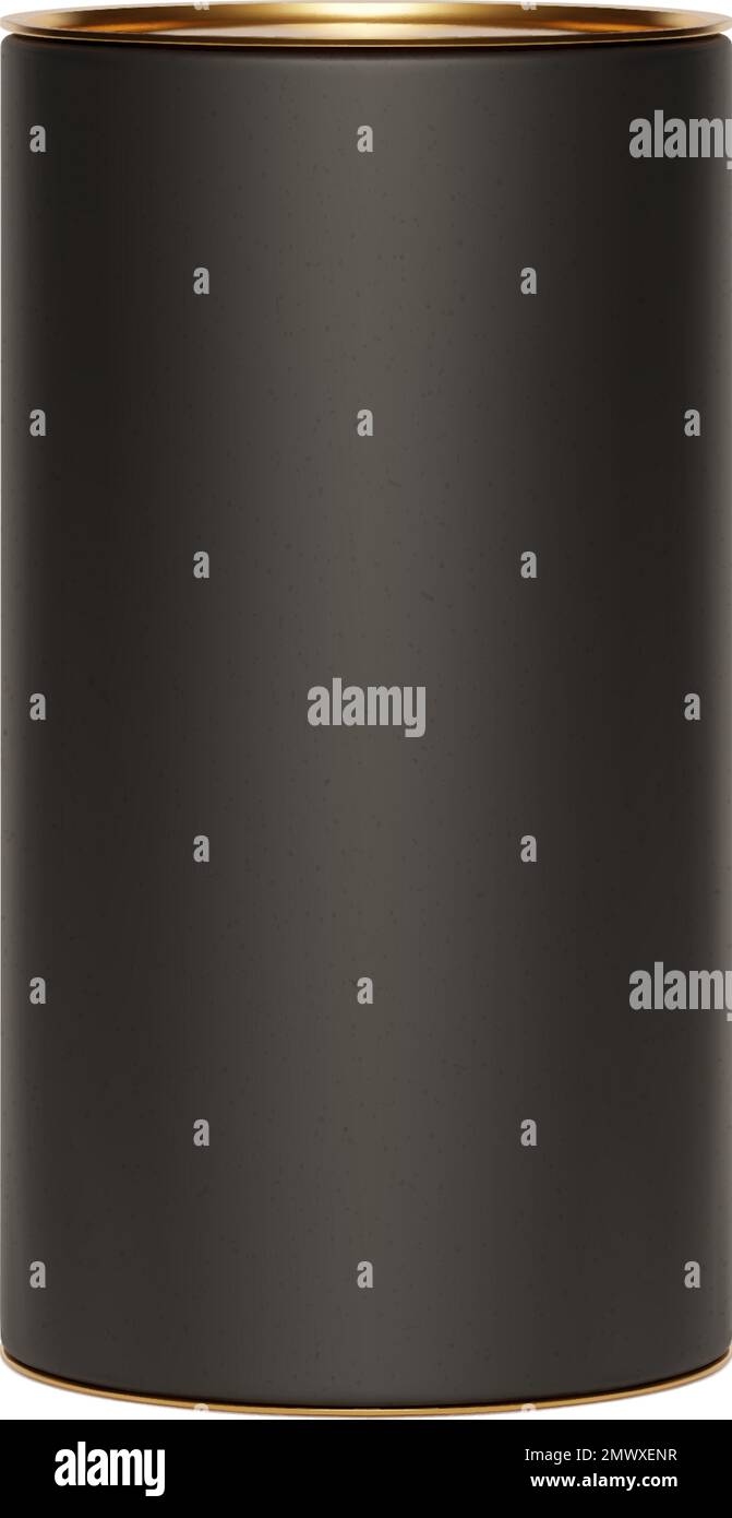 Black kraft paper tube package with golden lid mockup on white. Blank ...