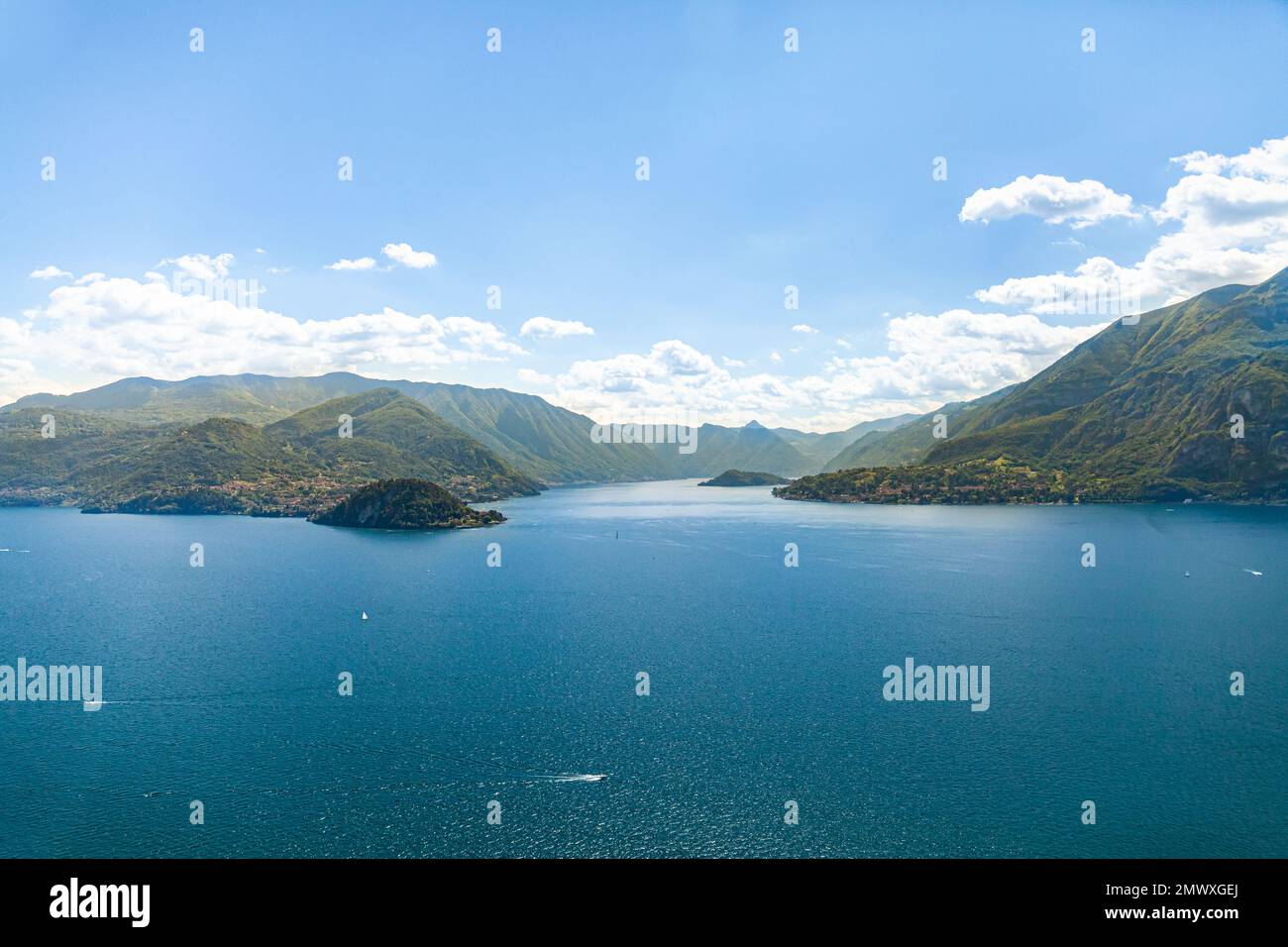 Panoramic aerial view of Lake Como from Varenna towards Bellagio with ...