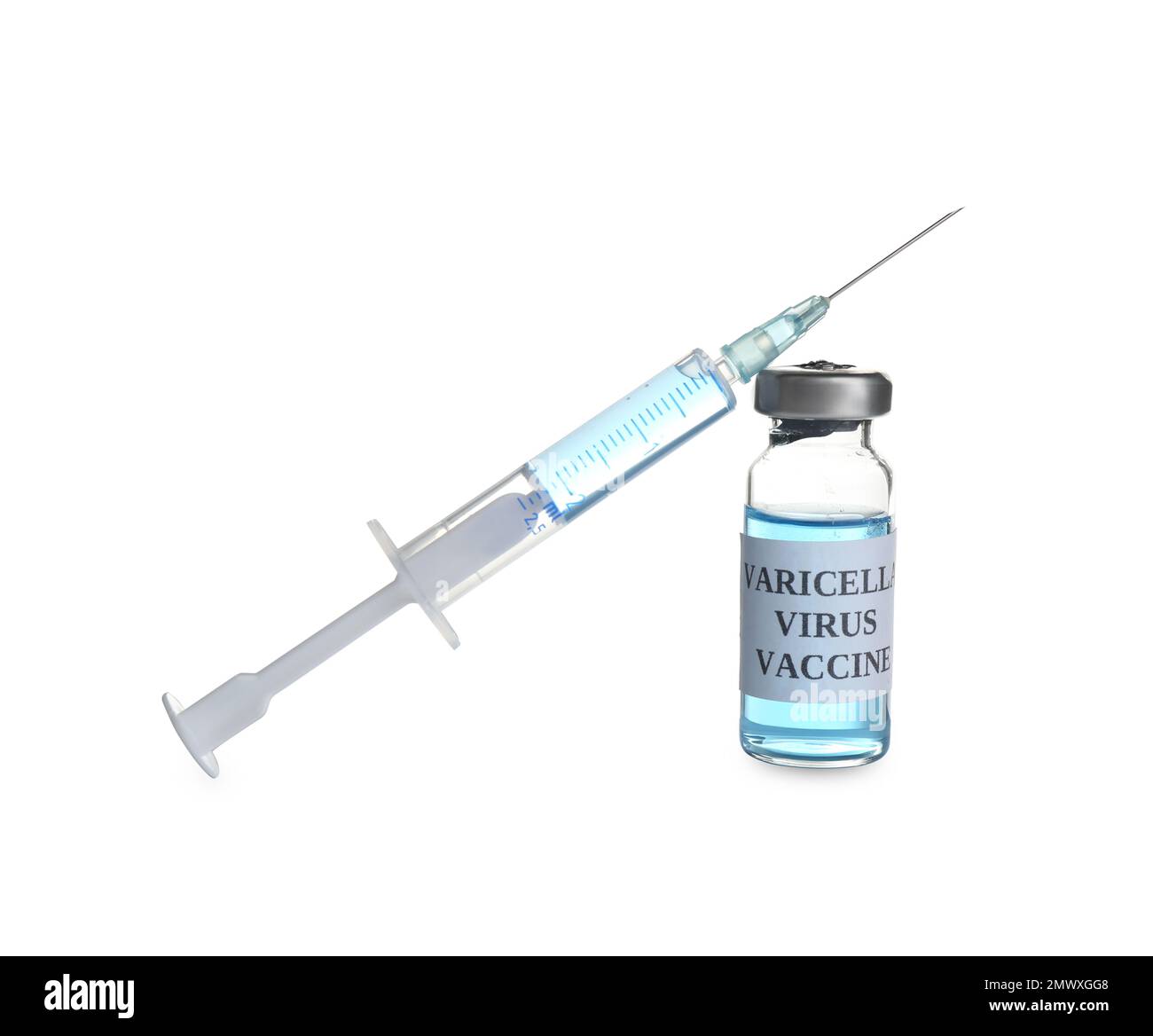 Chickenpox vaccine and syringe on white background. Varicella virus ...