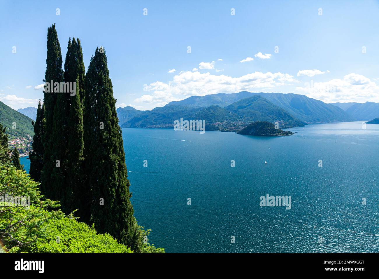 Panoramic aerial view of Lake Como from Varenna towards Bellagio in the ...